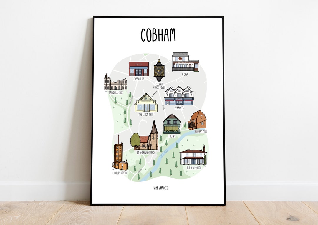 Buy Map of Cobham Cobham Map Illustration Surrey Map Cobham Map Wall ...