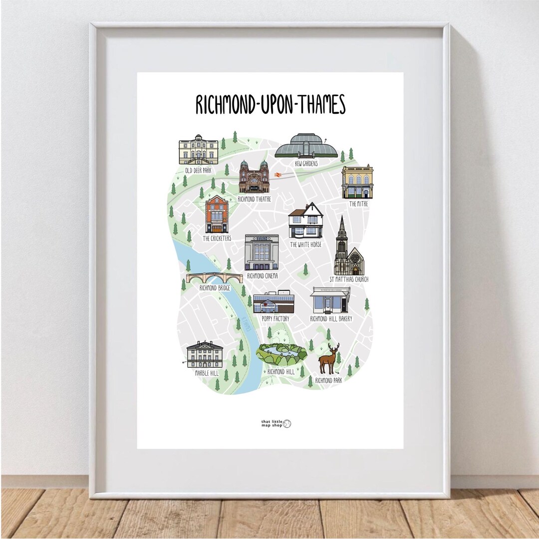 Richmond Upon Thames Map Print: Illustrated London Travel Gift Wall Art ...