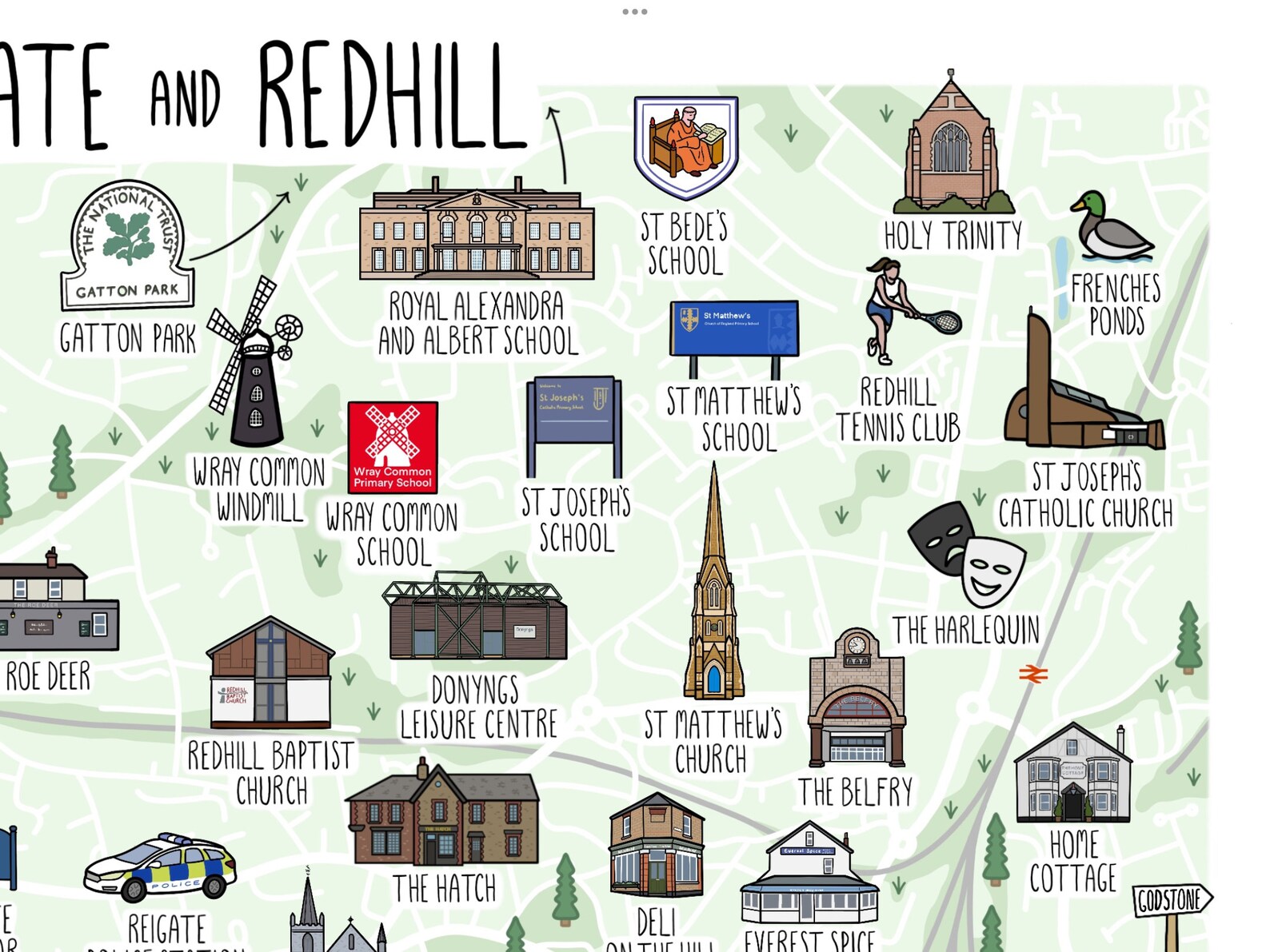 Map of Reigate and Redhill - Illustrated Map - Reigate Map - Redhill ...