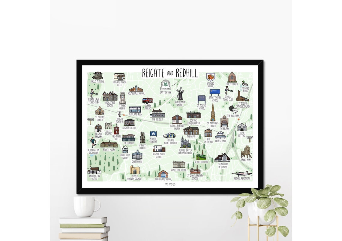 Map of Reigate and Redhill Illustrated Map Reigate Map | Etsy
