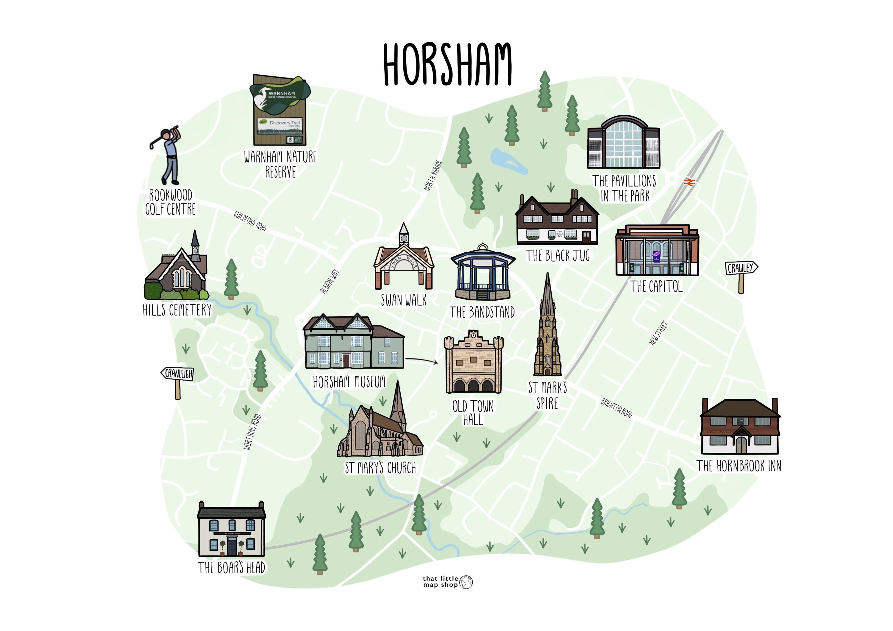Horsham Map Print - Map of Horsham - Illustrated Map of Horsham ...