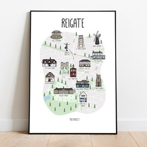 Map of Reigate (portrait) - Reigate Map Print - Hand Drawn Map ...