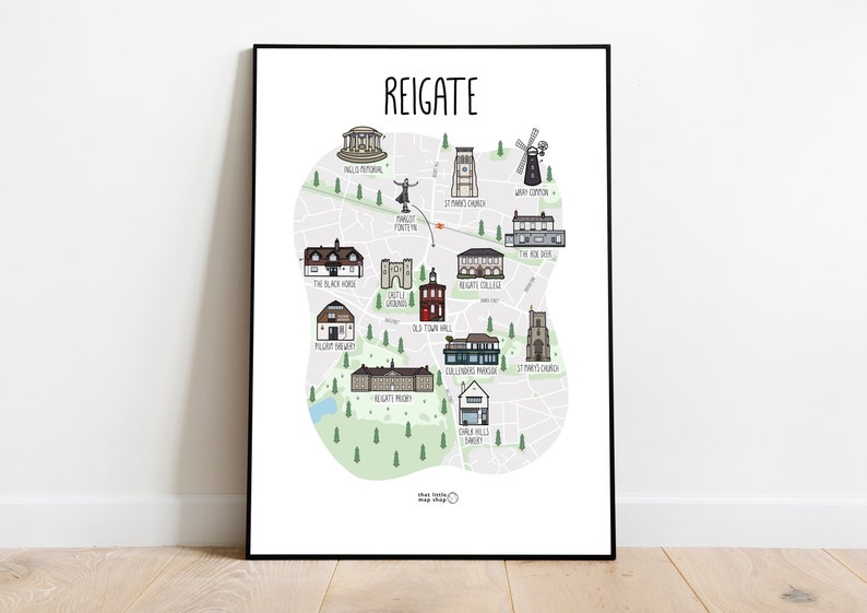 Map of Reigate portrait Reigate Map Print Hand Drawn Map Illustrated ...
