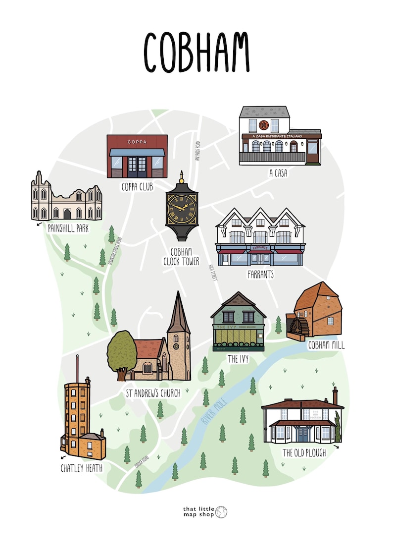 Cobham Map Print: Surrey Illustration, Wall Art Home Decor - Etsy