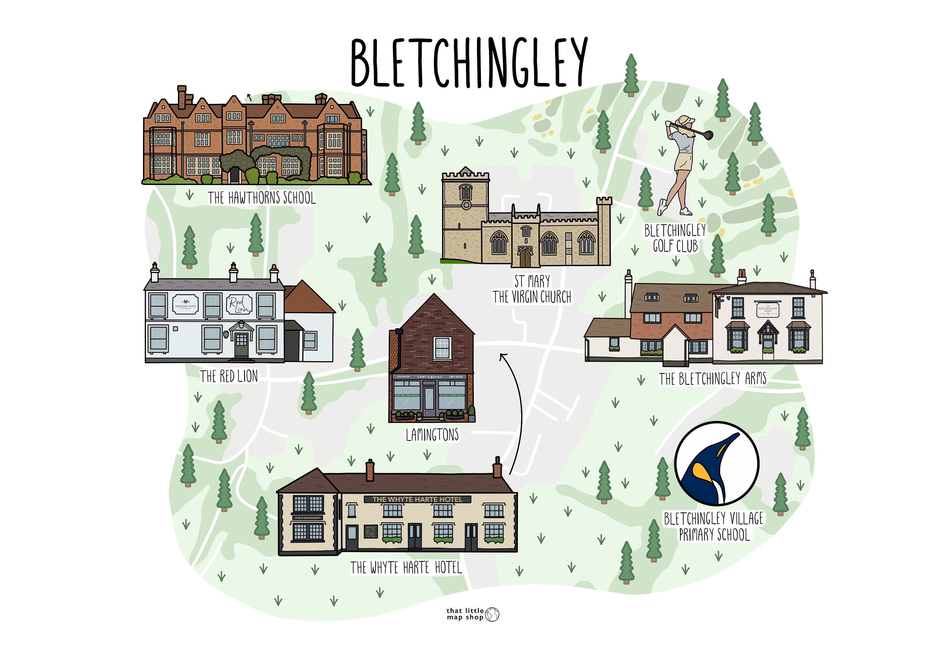 Map of Bletchingley Blethcingley Map Print Hand Drawn Map Illustrated ...