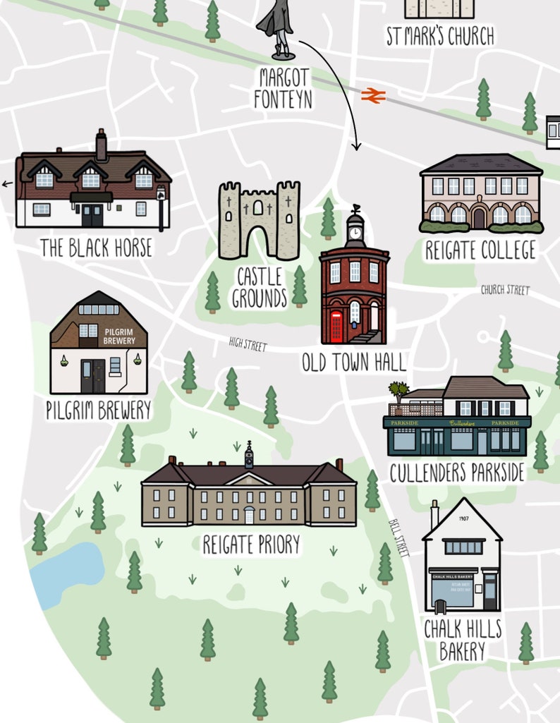 Map of Reigate portrait Reigate Map Print Hand Drawn Map Illustrated ...