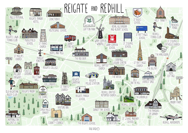 Map of Reigate and Redhill - Illustrated Map - Reigate Map - Redhill ...