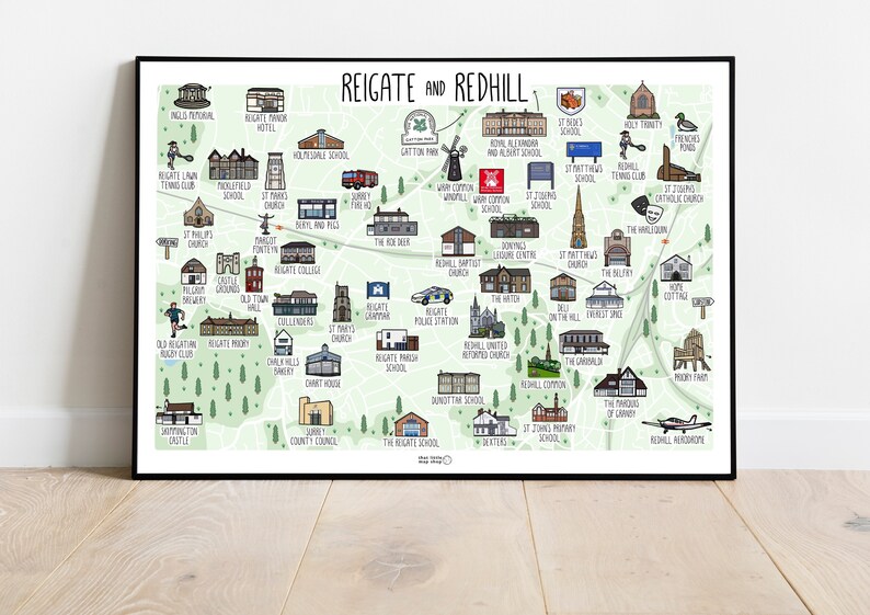Map of Reigate and Redhill Illustrated Map Reigate Map - Etsy