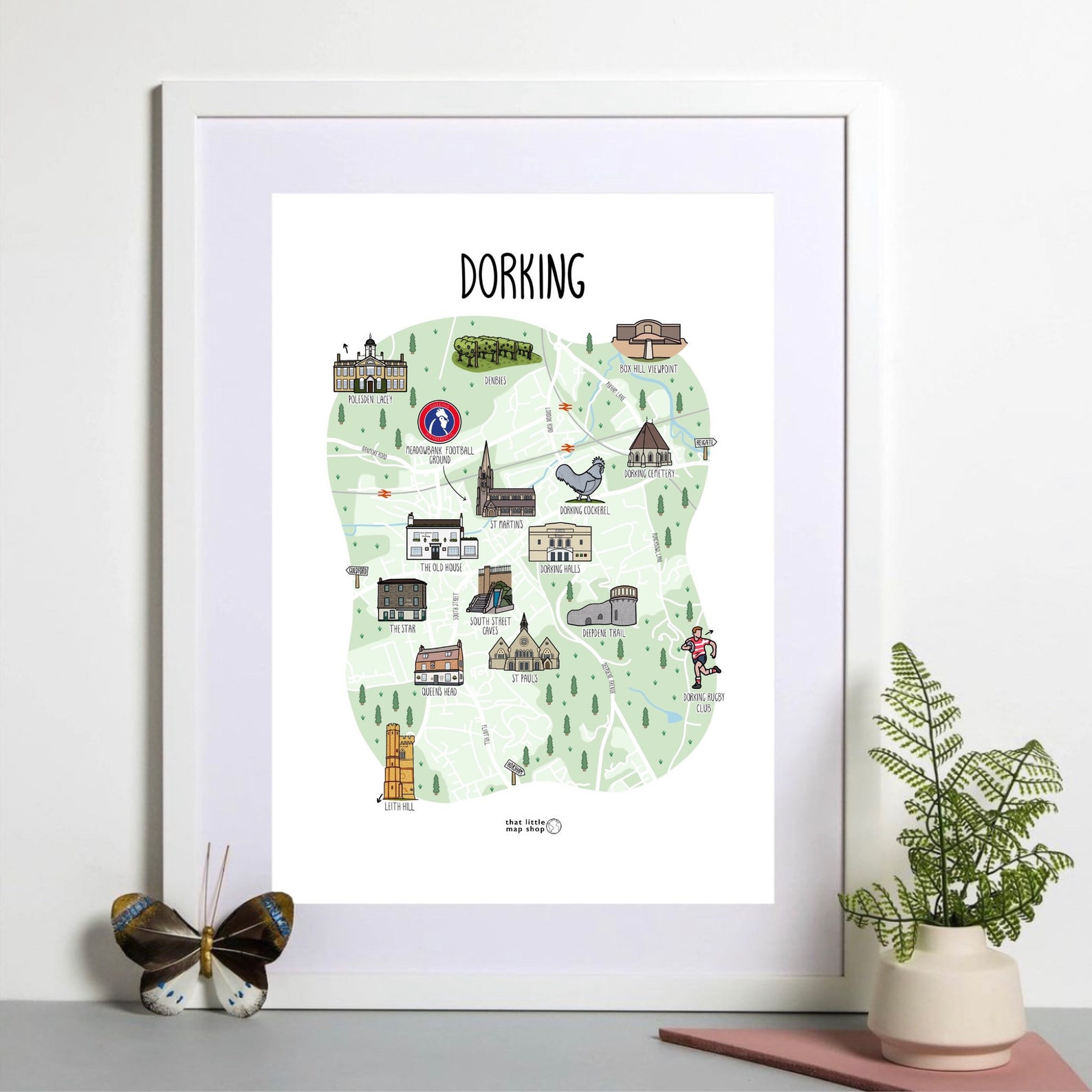 Dorking Map Print: Hand Drawn Illustrated Surrey Hills Art, Home Decor ...