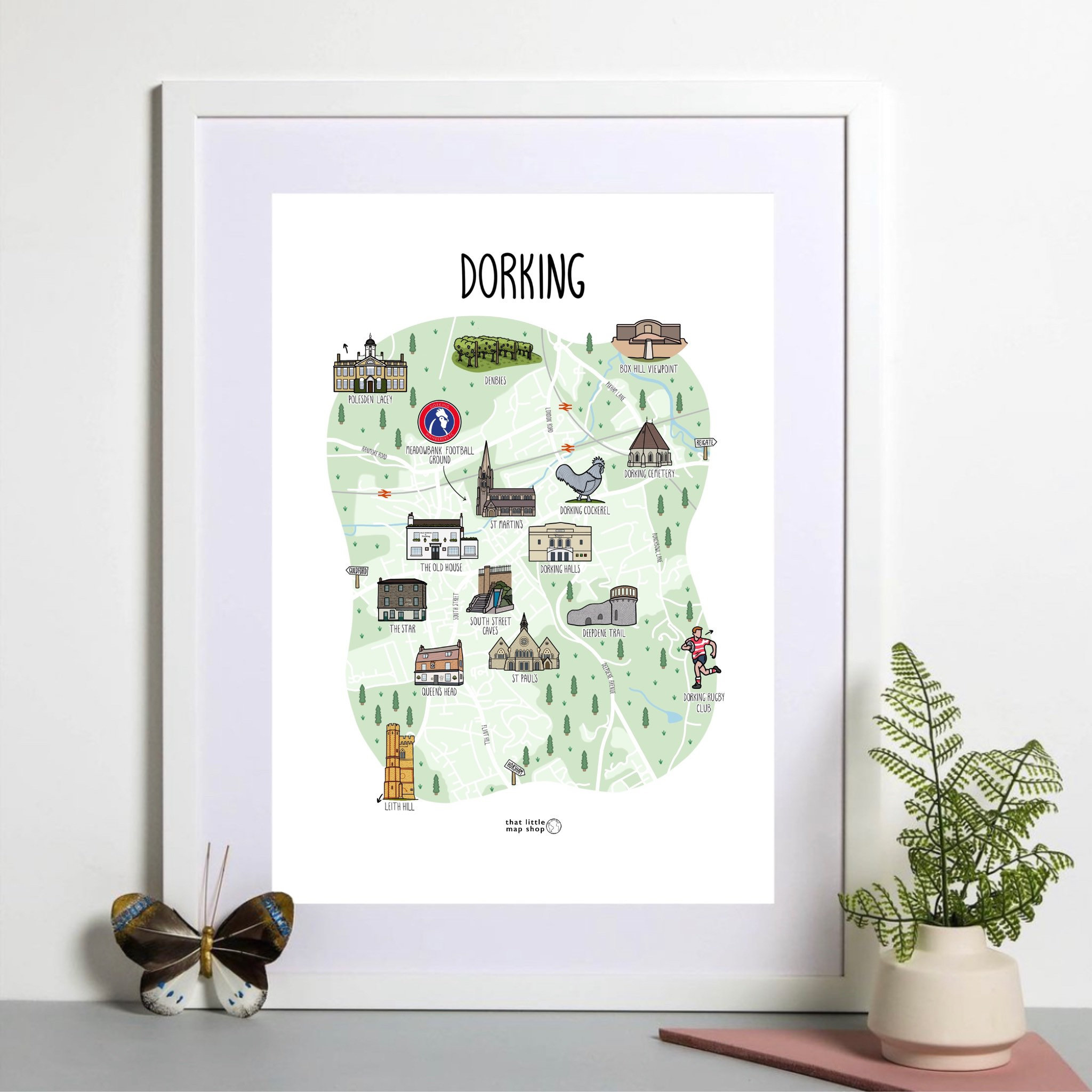 Dorking Map Print: Hand Drawn Illustrated Surrey Hills Art, Home Decor ...