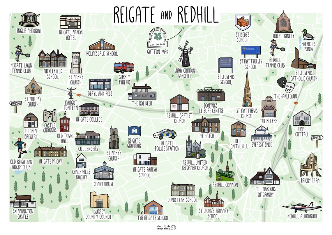 Map of Reigate and Redhill Illustrated Map Reigate Map | Etsy