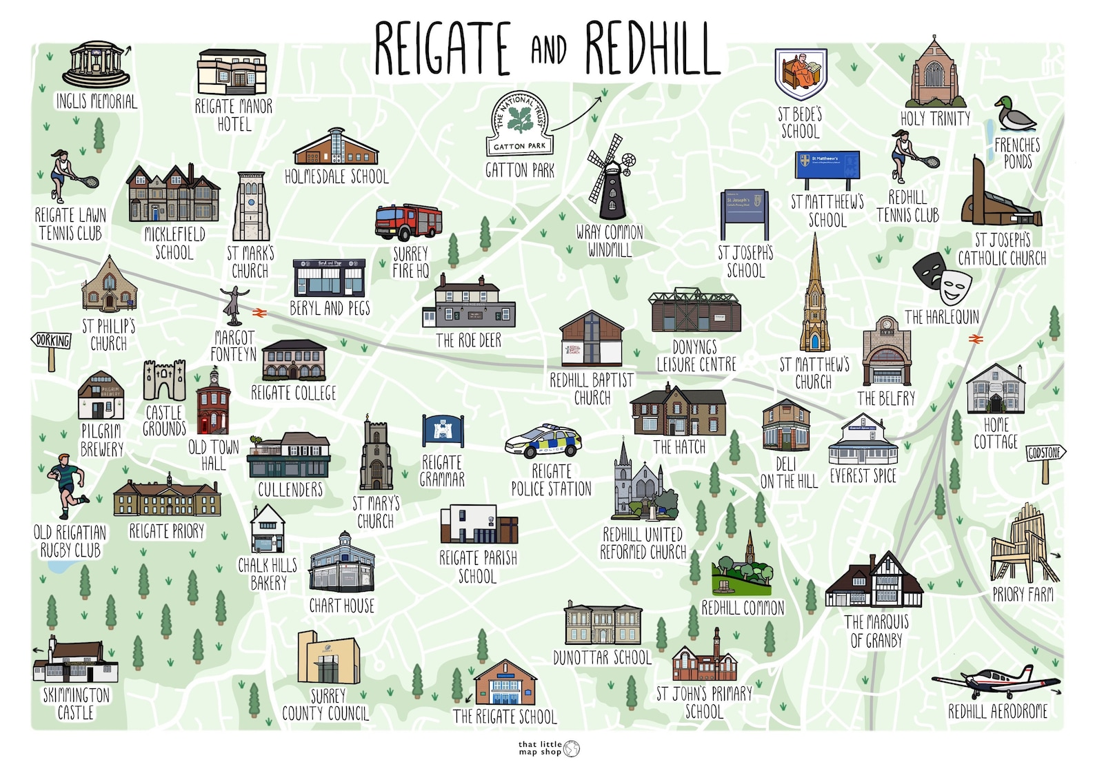 Map of Reigate and Redhill Illustrated Map Reigate Map | Etsy