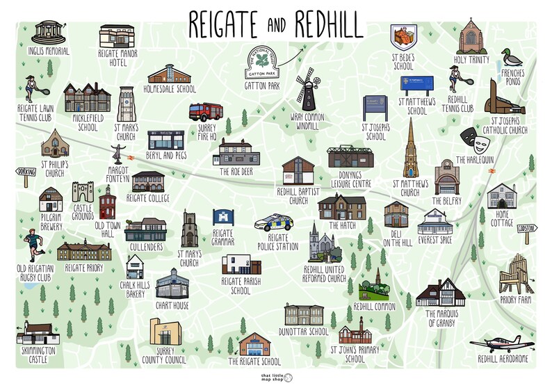 Map of Reigate and Redhill Illustrated Map Reigate Map | Etsy
