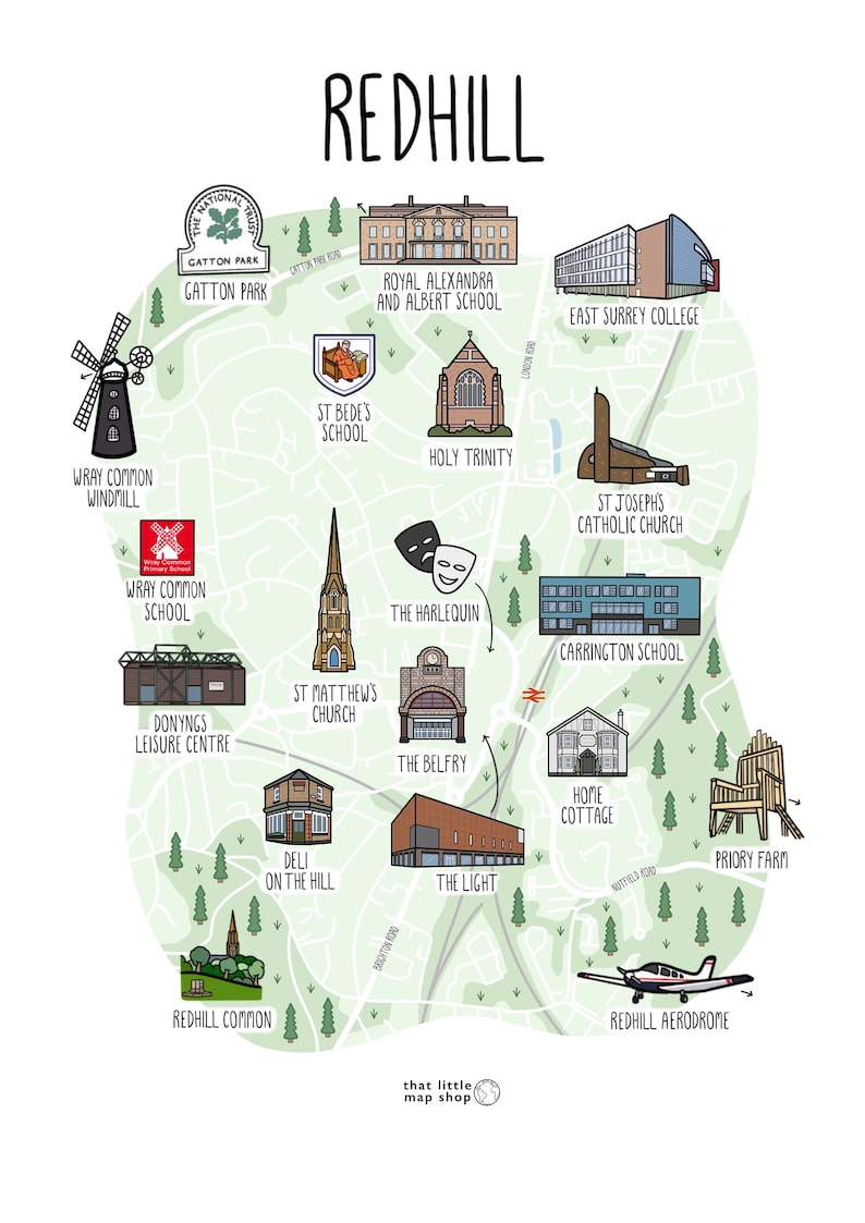 Map of Redhill Illustrated Map of Redhill Surrey Map Print Surrey Hills ...