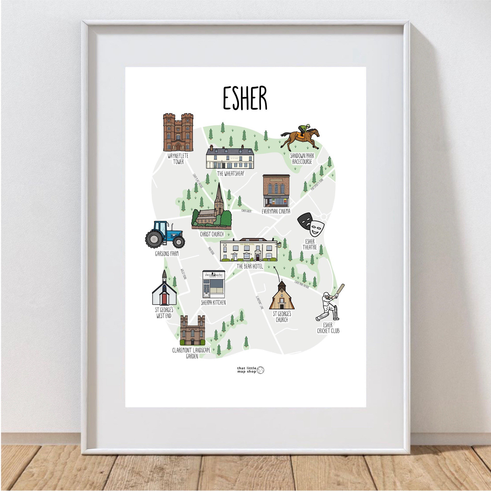 Map of Esher - Esher Map Illustration- Esher Surrey - Surrey Map - Gift ...