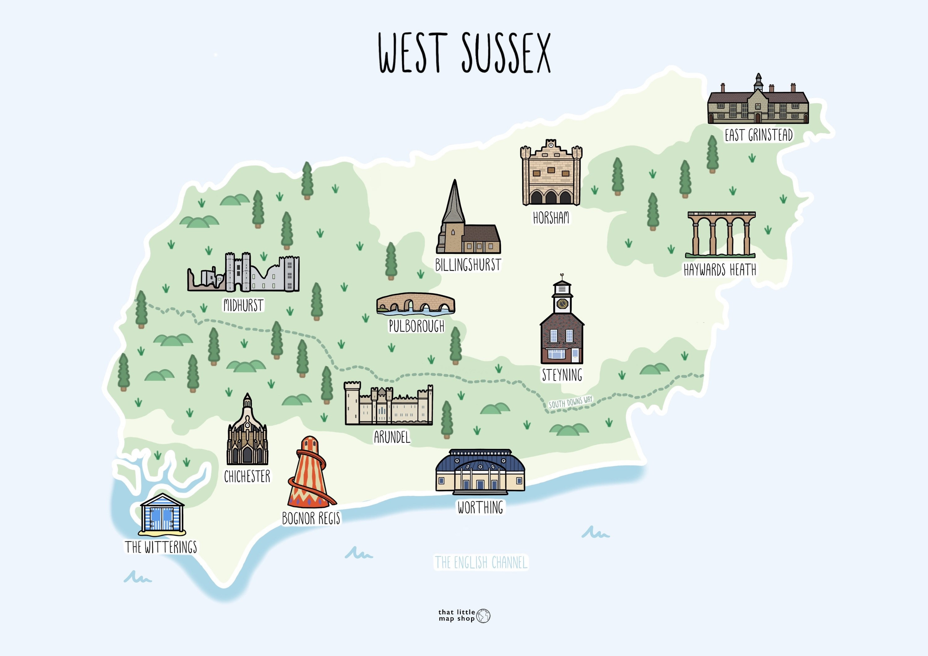 West Sussex Illustrated Map Hand Drawn Map Illustration Map of West ...