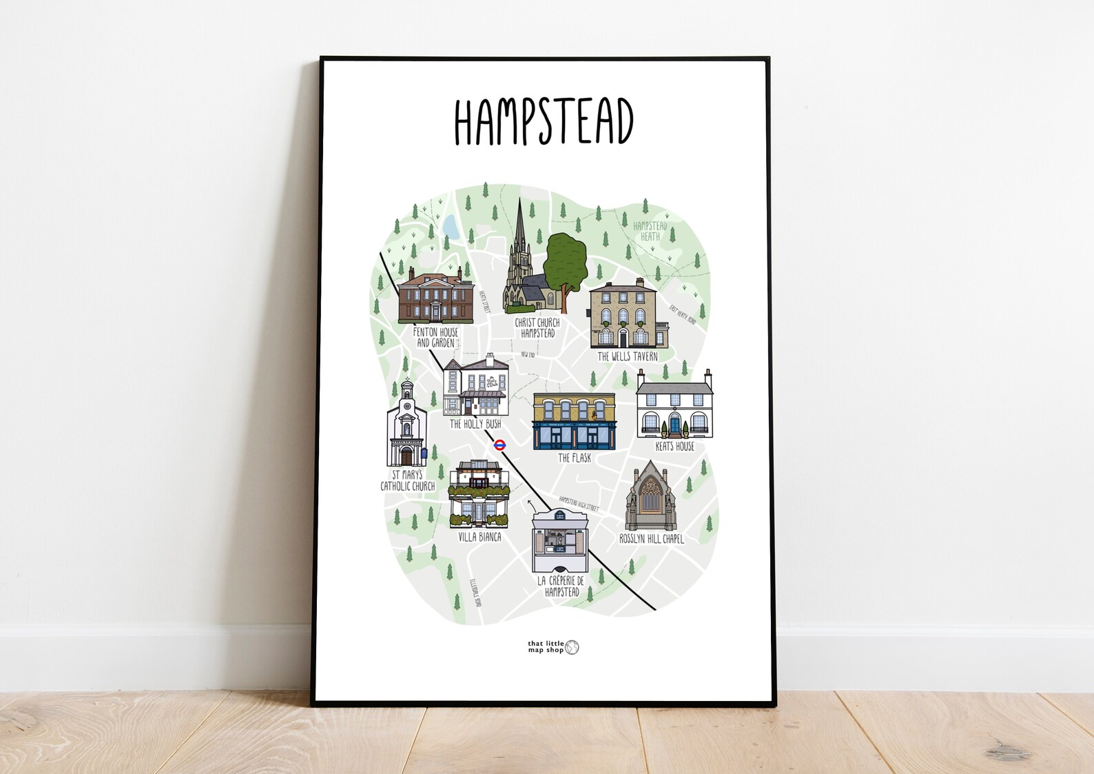 Map of Hampstead - Hampstead Map Illustration - Hampstead Heath London ...