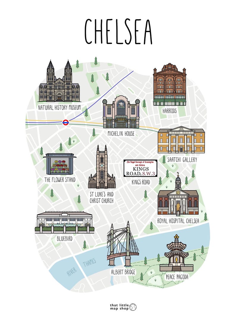 Chelsea Map Print: Illustrated Art, Iconic Landmarks, London, Wall Art ...