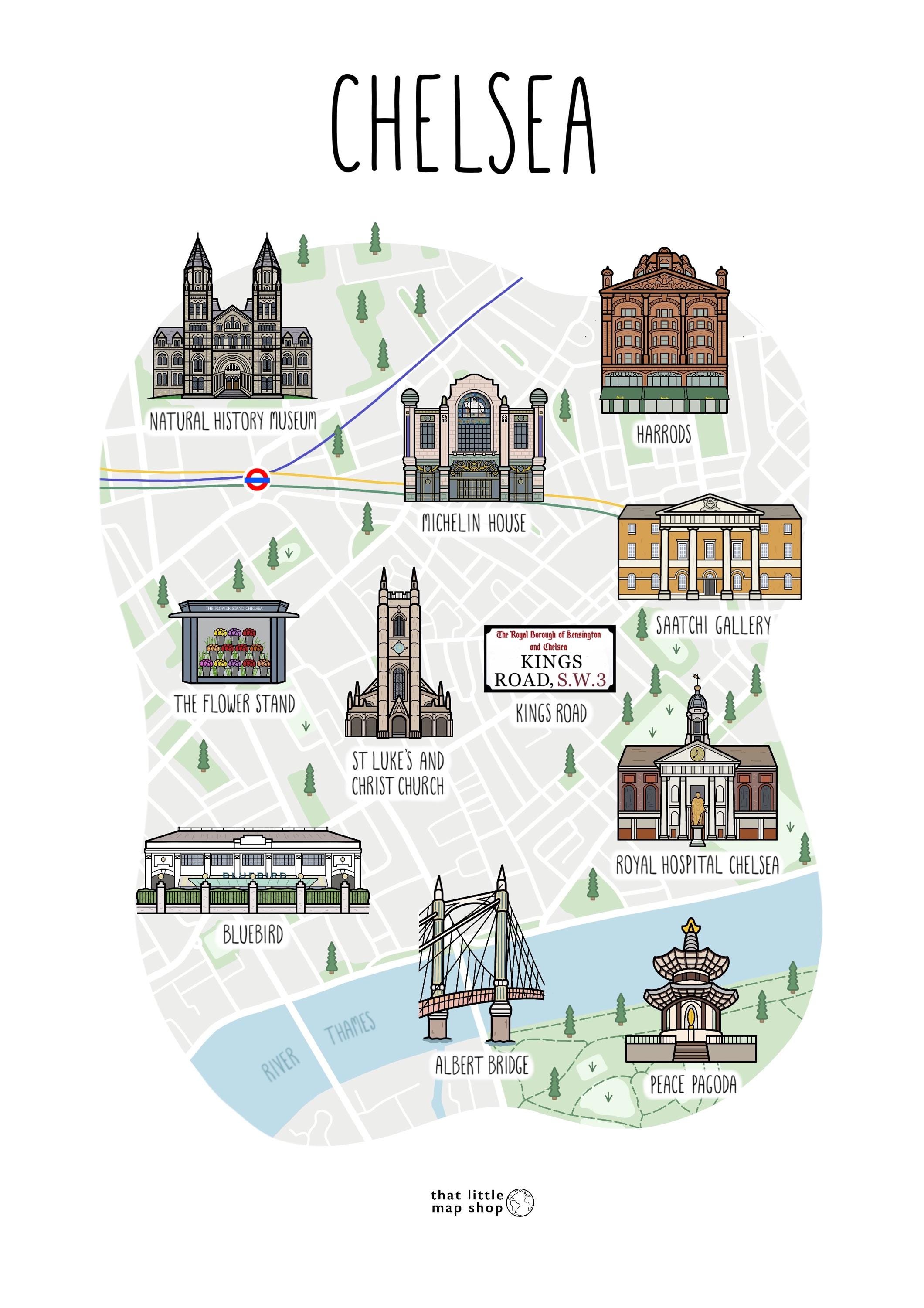 Chelsea Map Print: Illustrated Art, Iconic Landmarks, London, Wall Art ...