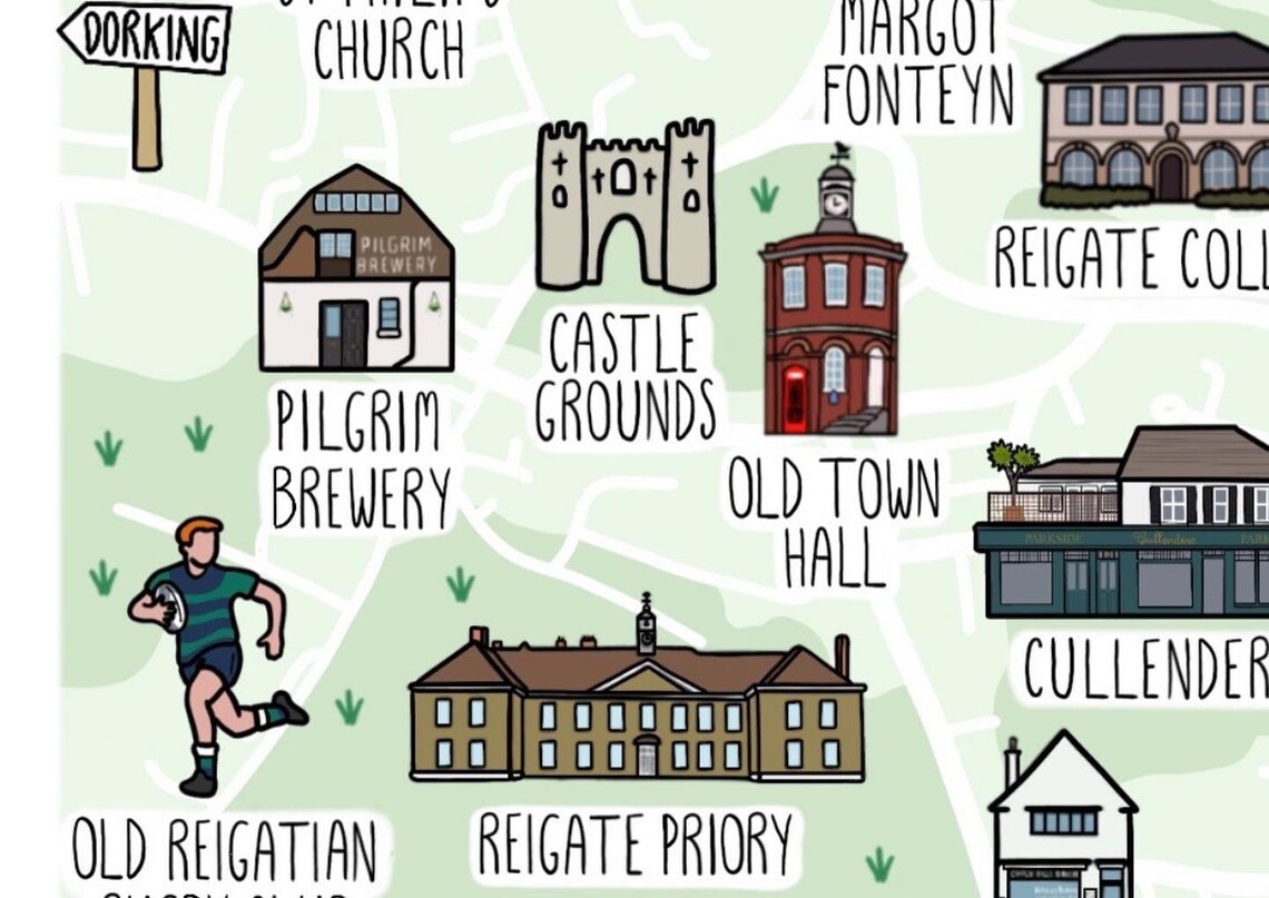 Map of Reigate and Redhill Illustrated Map Reigate Map | Etsy