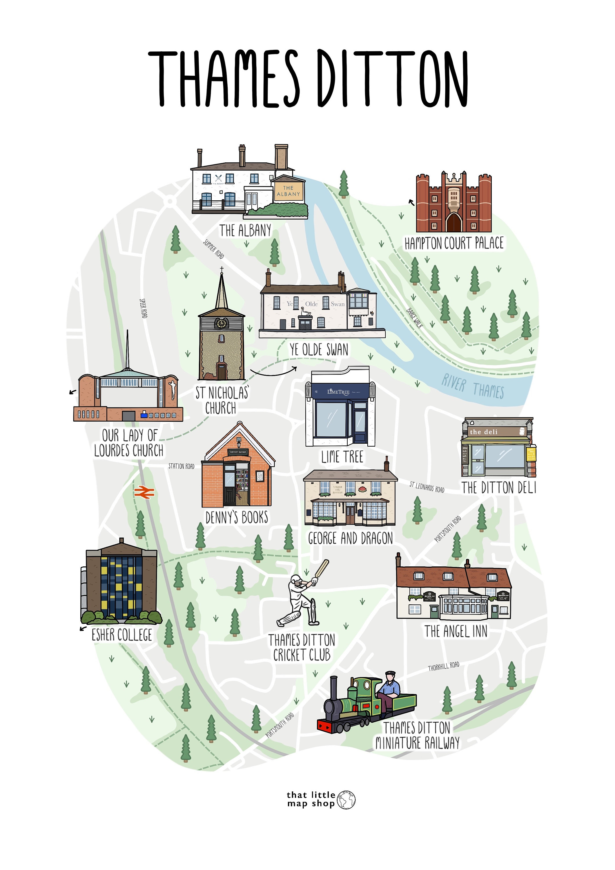 Thames Ditton Map Print: Surrey Illustrated Map, Wall Art Home Decor ...