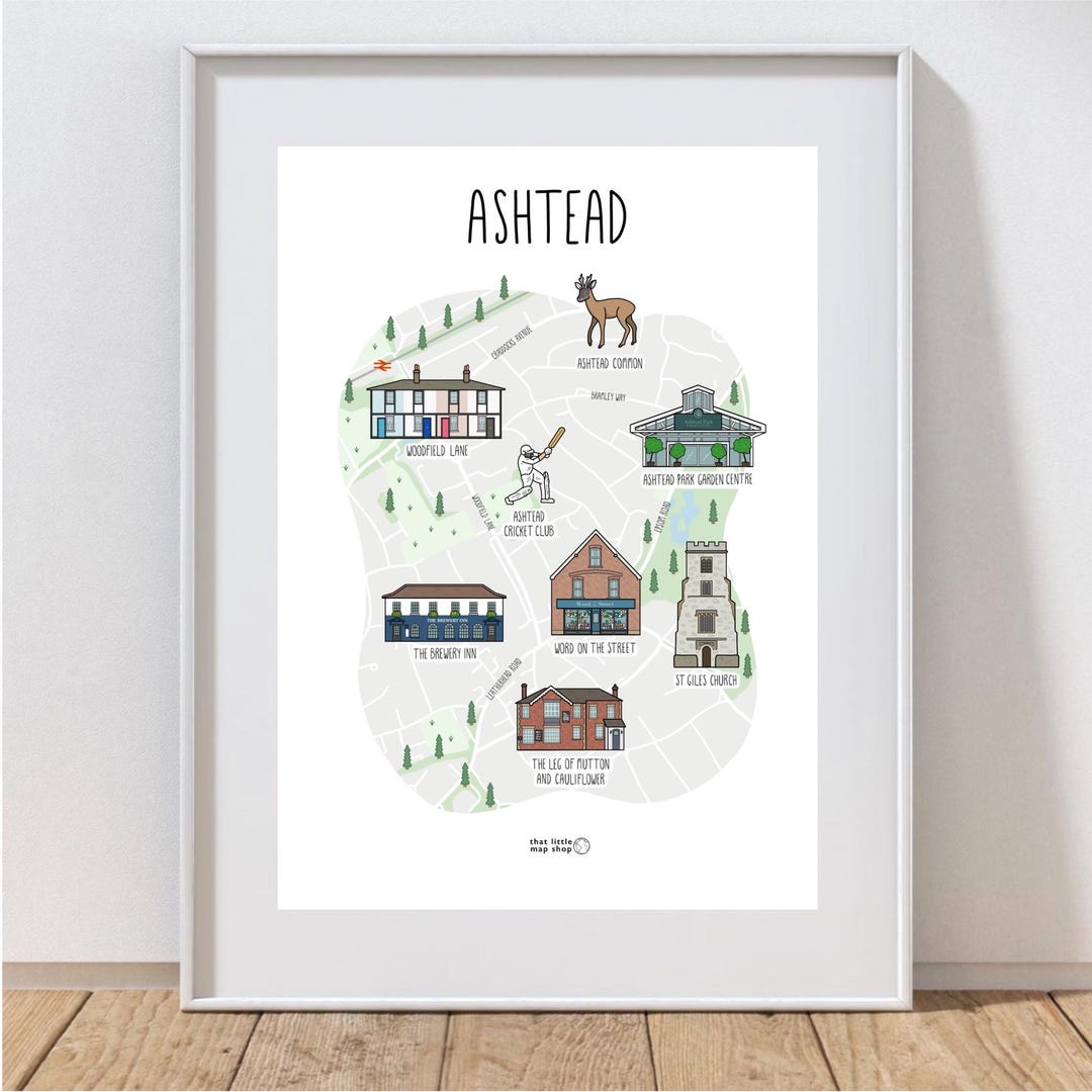Ashtead Map Print: Illustrated Surrey Map Wall Art Home Decor - Etsy
