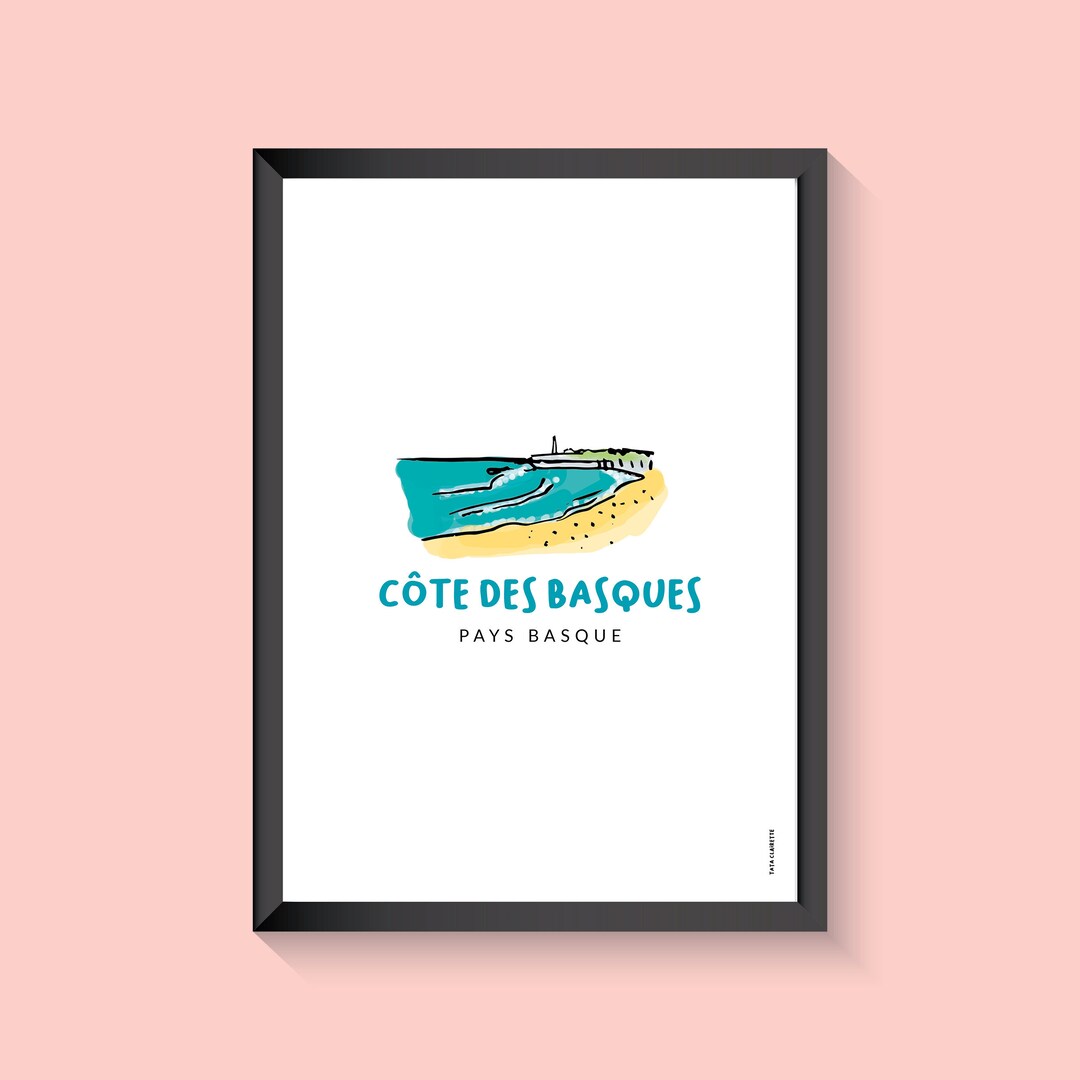 Affiche du Pays Basque, illustration sur papier, Côte des Basques ...