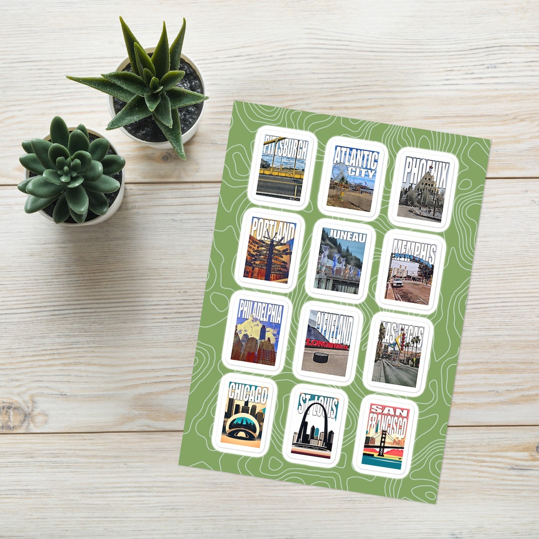 American Cities Sticker Sheet | 12 Sticker Collection | Travel Art ...