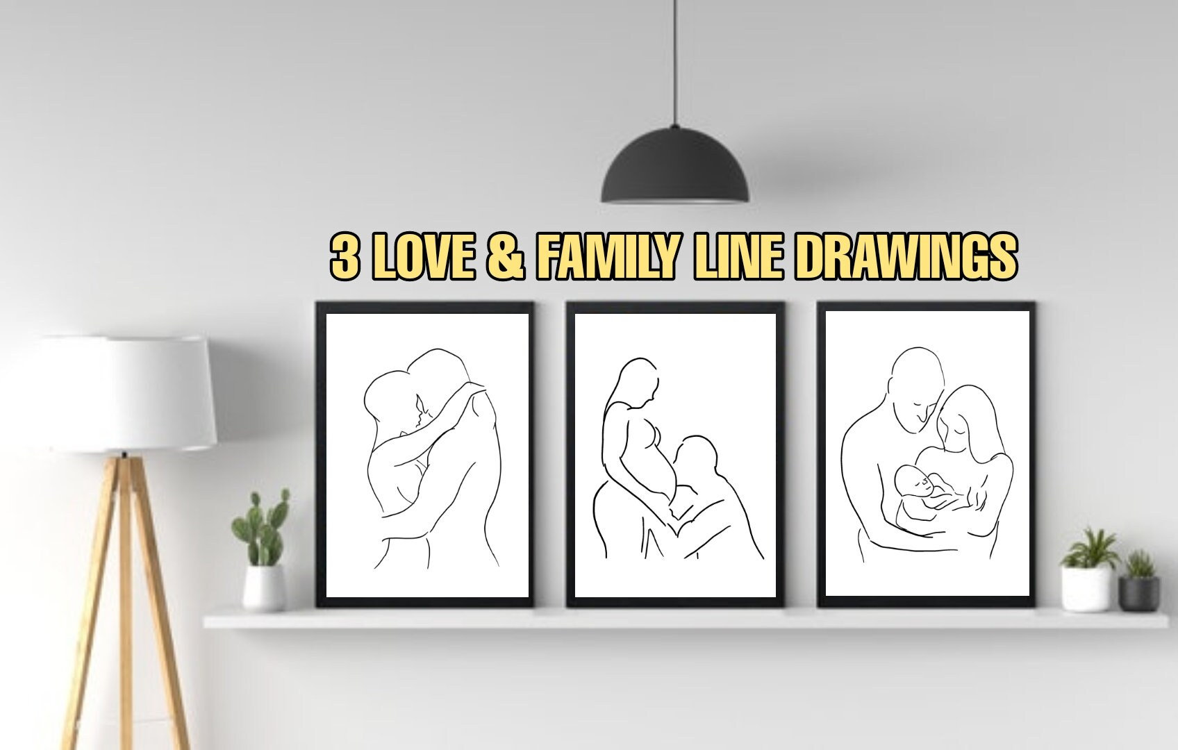 3 Love and Family Line Drawings, Digital Download Line Art, Figure ...