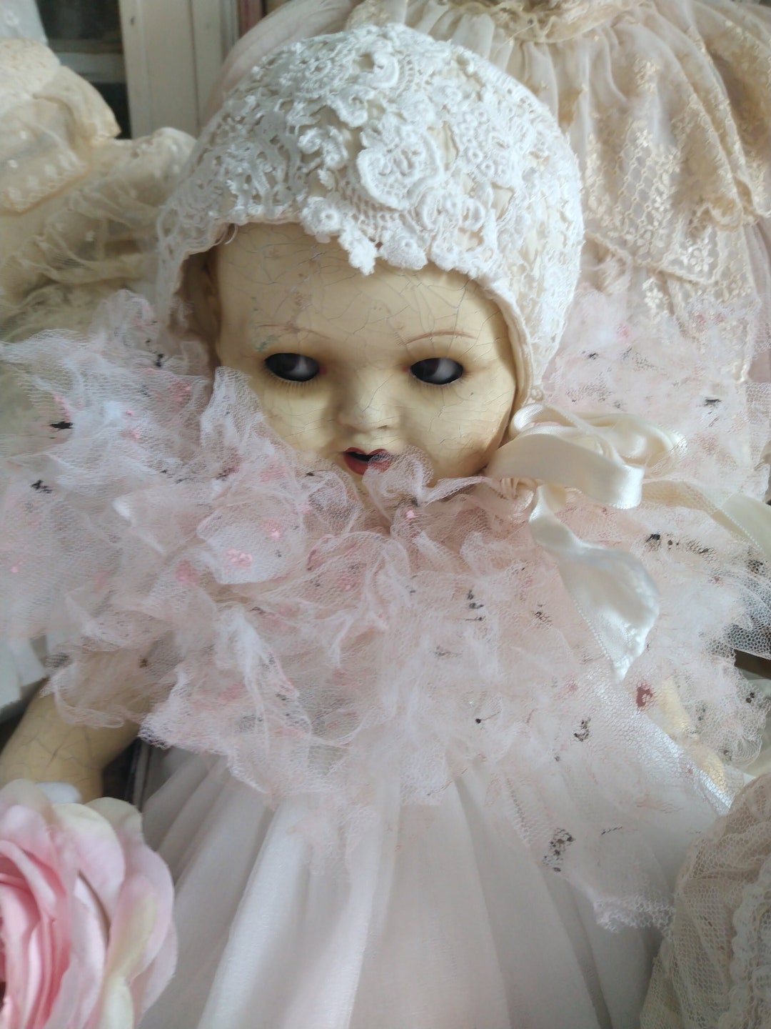 Charming Large Boudoir Doll Ruffle Tulle Collar Cream off White Pink ...