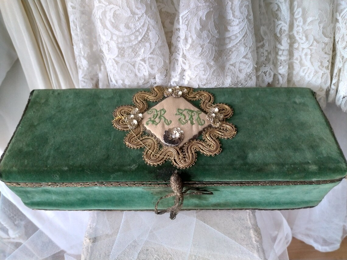RARE: Large Antique Velvet Casket Box Fabric Box Monogram R.M. Wooden ...