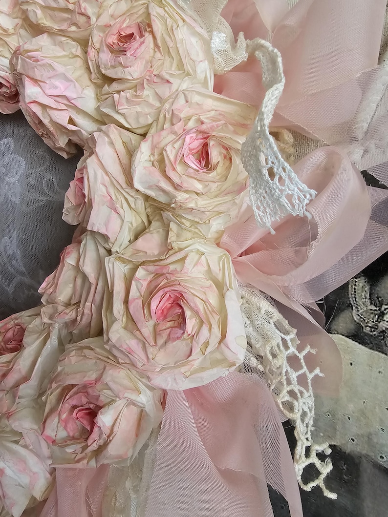 Lush Dreamy Waxed Roses Romantic Wreath Decoration Pink Tulle Vintage ...
