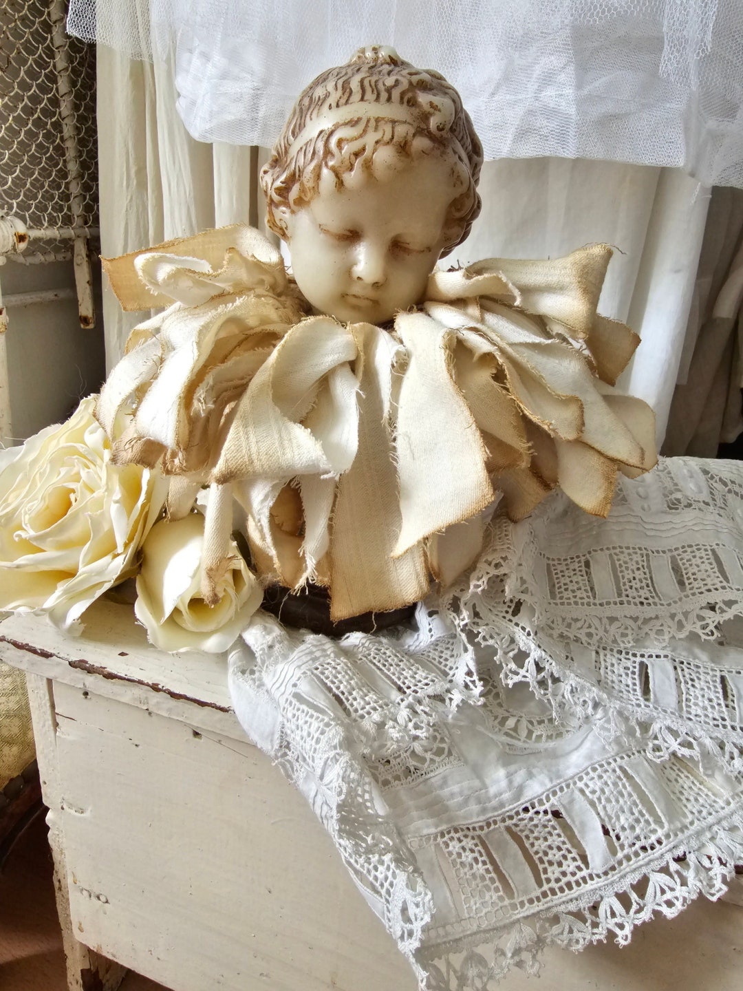 Shabby Chic Boudoir Dolls Bear Bows Damask Cotton S Ruff Vintage Cream ...