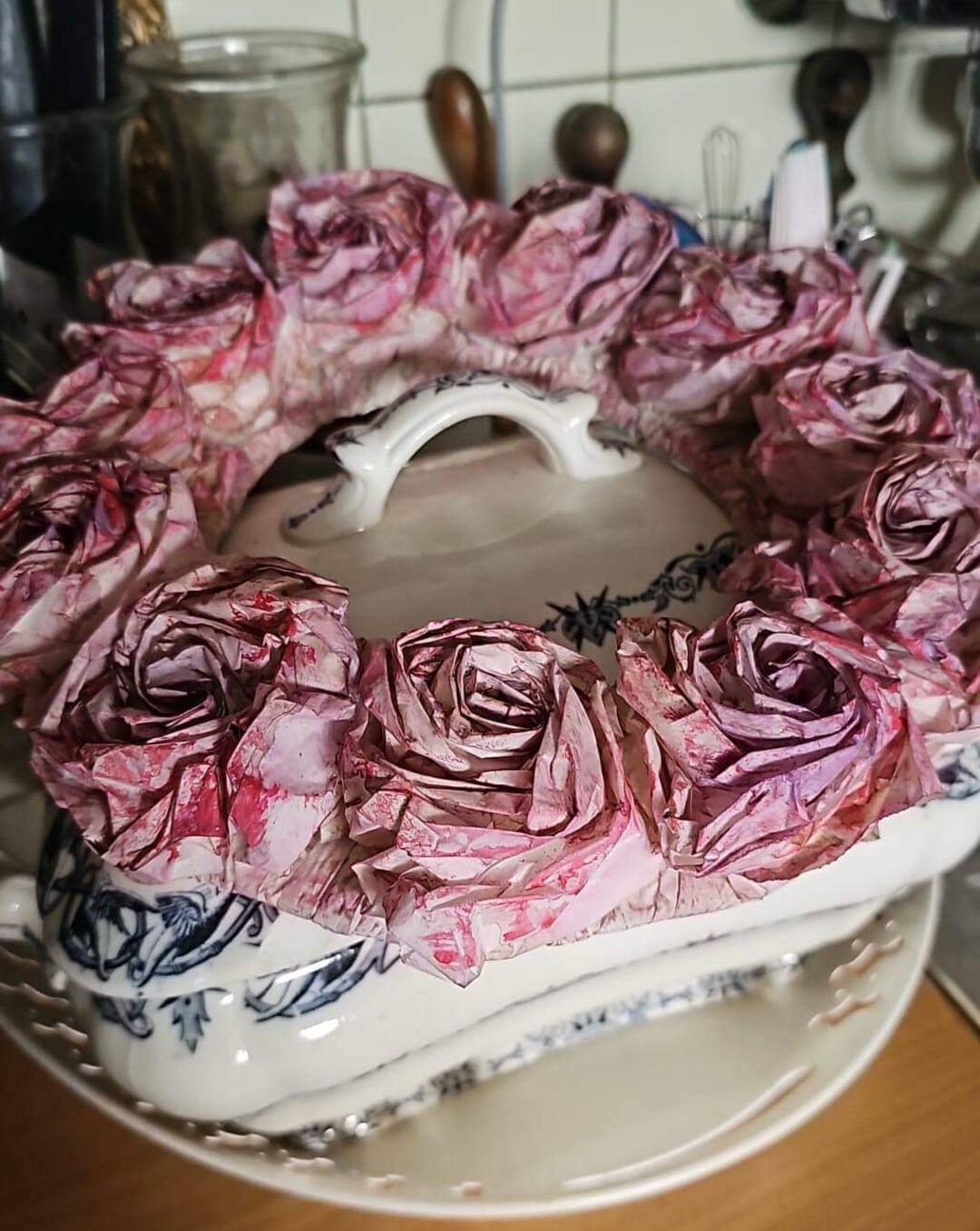 Uniquely Beautiful Dark Paper Roses Wreath Dreamy Waxed Roses Pink ...
