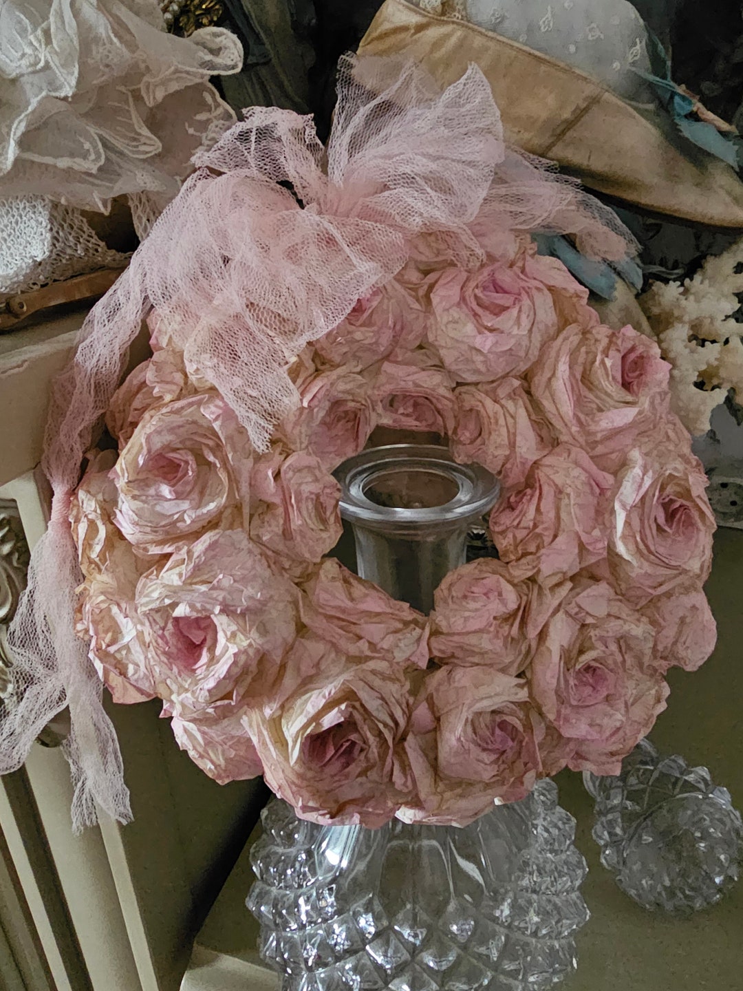 Lush Dreamy Waxed Roses Romantic Wreath Decoration Pink Tulle Vintage ...