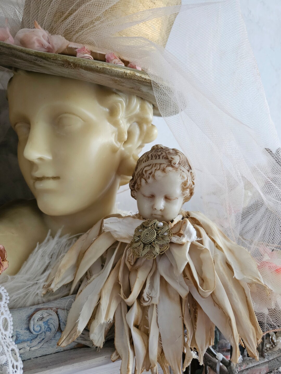 Gold Ornament Boudoir Dolls Bears Ruff Vintage Sepia Cream White French ...