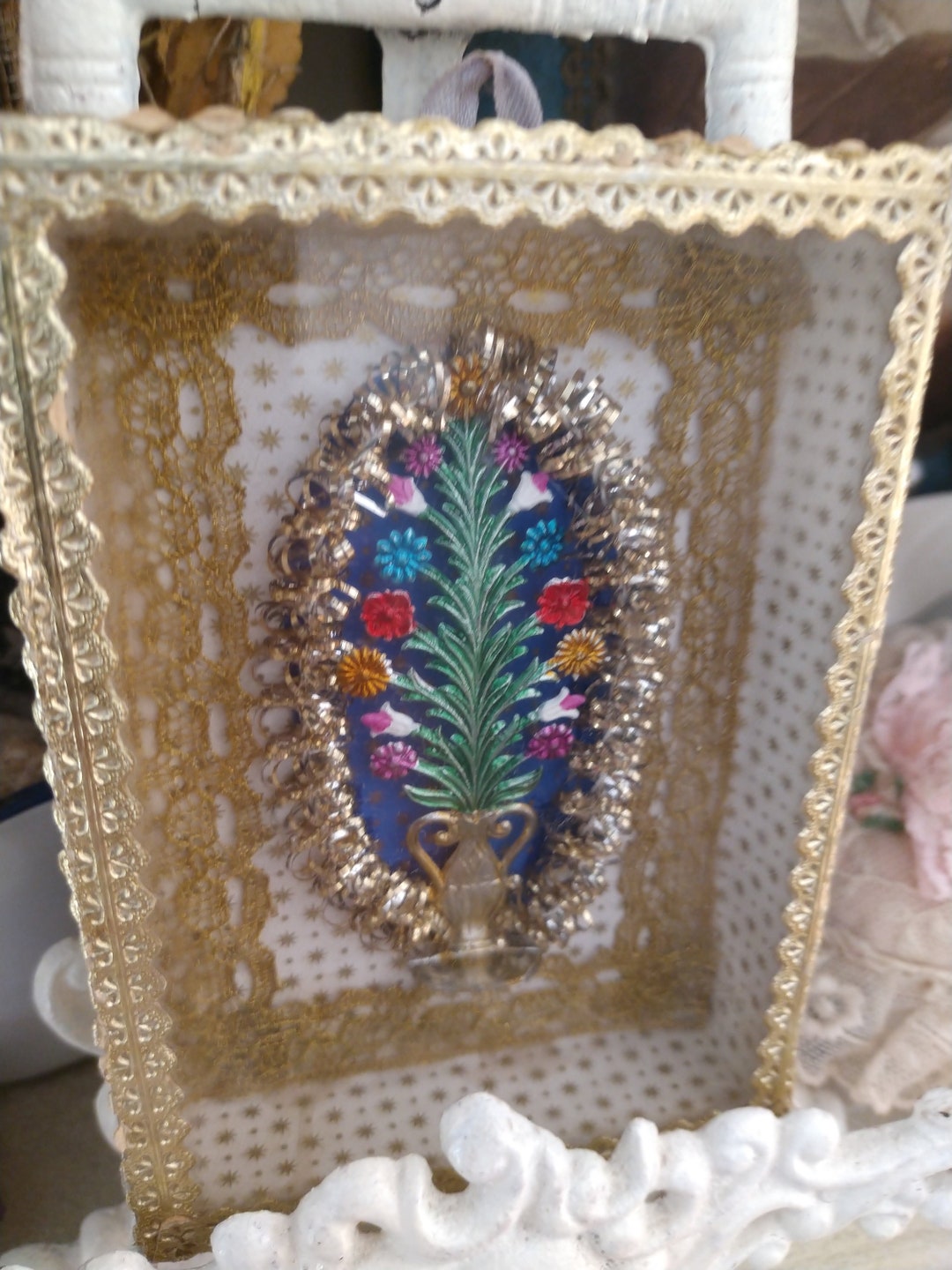 Ancient Monastery Work Altar Flowers Vase Picture Behind Glass Paper ...