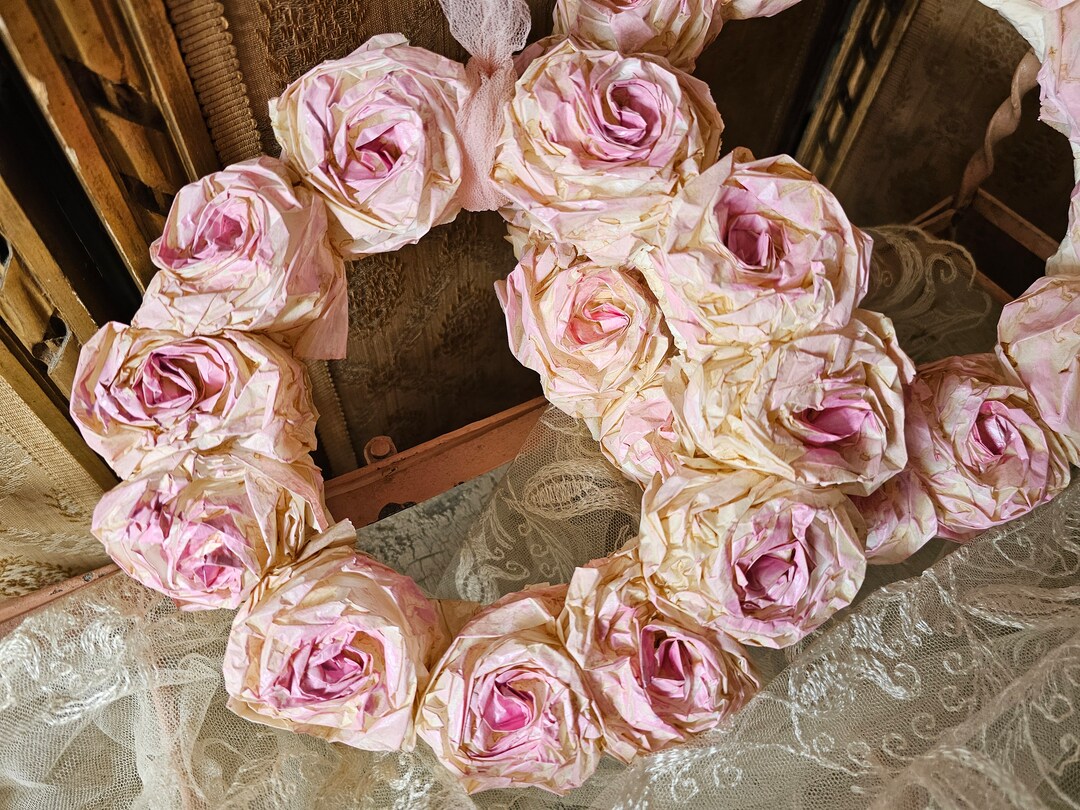 Dreamy Waxed Paper Roses Romantic Wreath Decoration Pink French Tulle ...