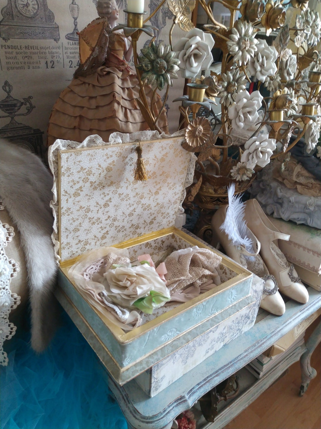 Charmingly Romantic Antique Fabric Box Silk Hand-painted Flowers Lace ...