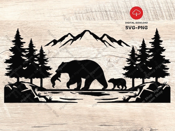 Bear Forest SVG Mama and Baby Bears Cross Brook in the Forest | Etsy