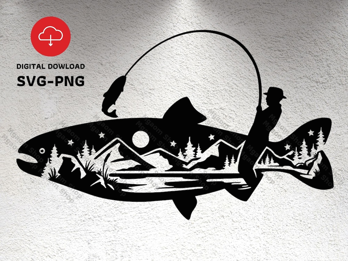 Salmon Fishing in Mountains SVG: Fisherman River Design (digital ...