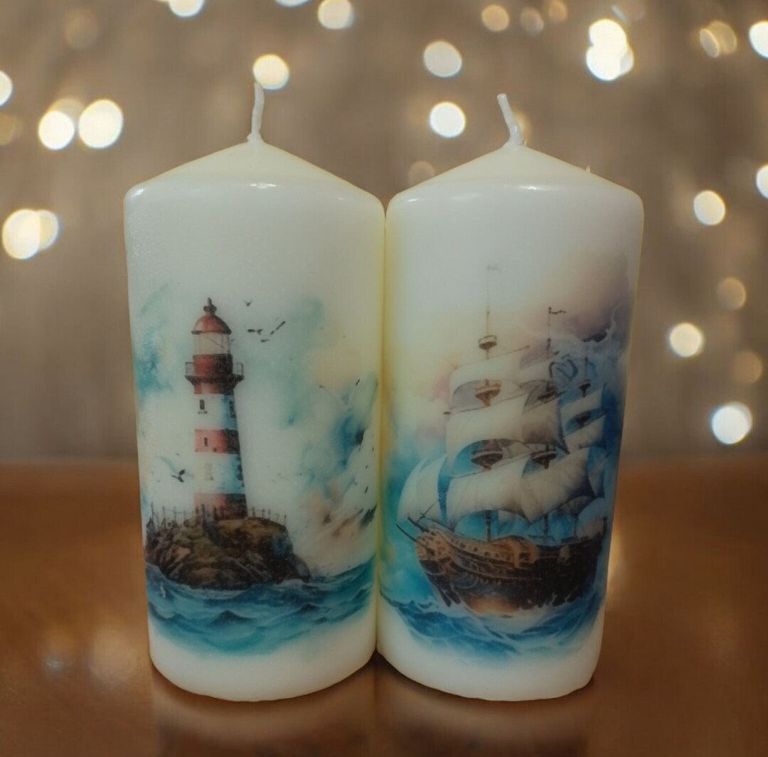Set of Two Pillar Candle Ship and Lighthouse Marine Nautical Ocean Wave ...