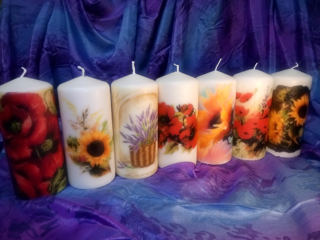 Flower Poppy Sunflower Pillar Candles Hand Decorated Family Perfect ...