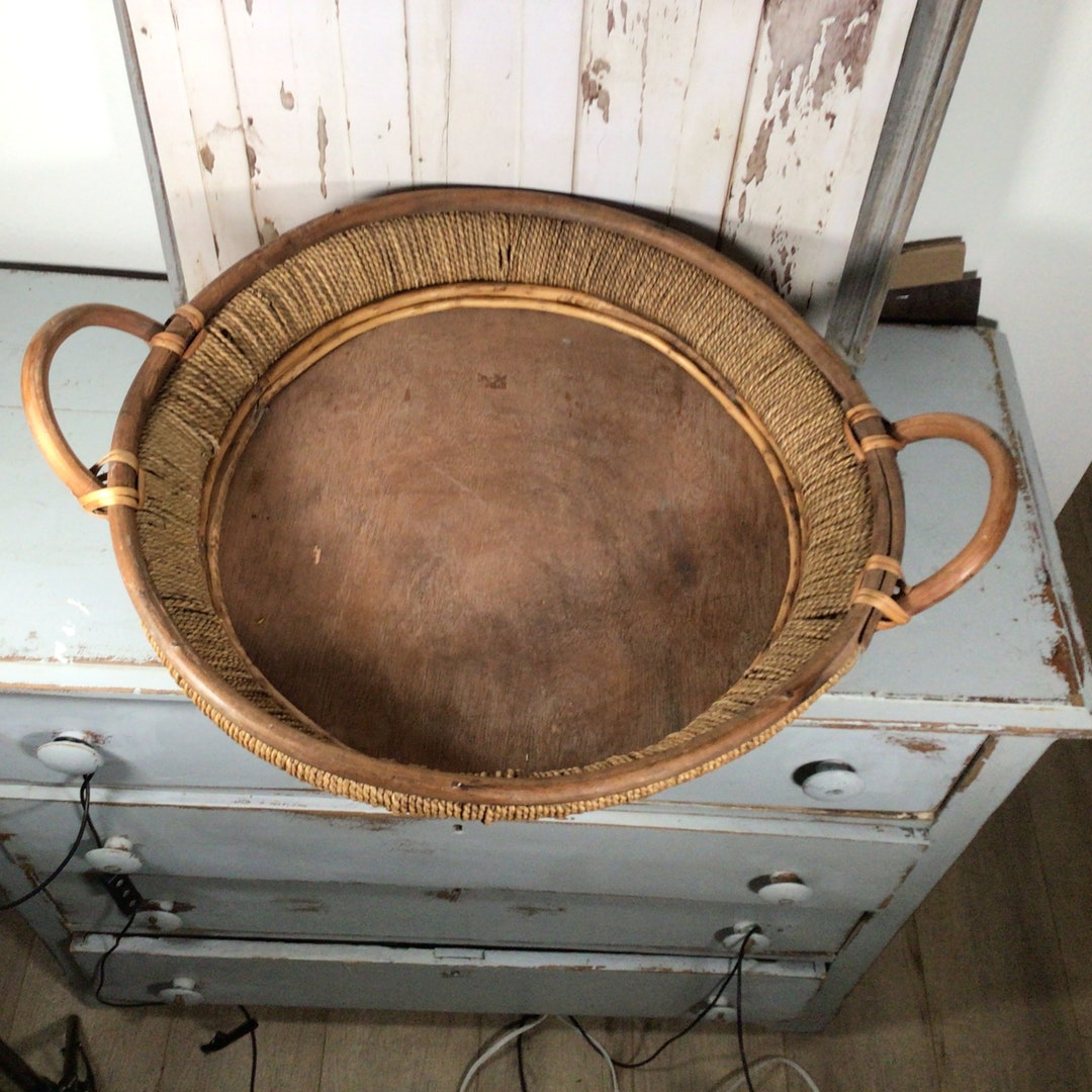 Vintage MCM Rattan and Bamboo Round Serving Tray With Handles ...