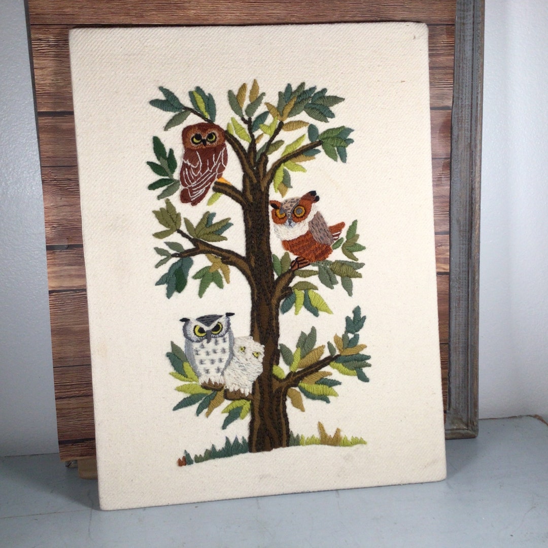 Vintage Handmade Erica Wilson Tree of Life Crewl Needlepoint, Owl ...