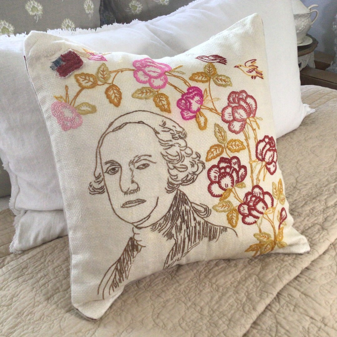 Vintage Embroidered George Washington Decorative Pillow, Bedding ...