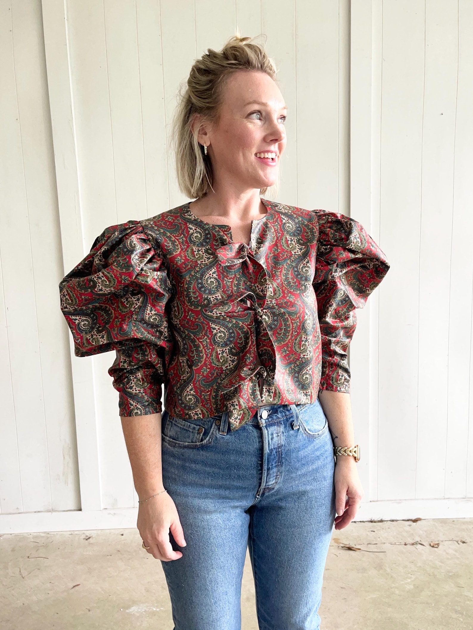 Edie Tie Front Puff Sleeve Blouse / Paisley Stripe / Leg O Mutton ...