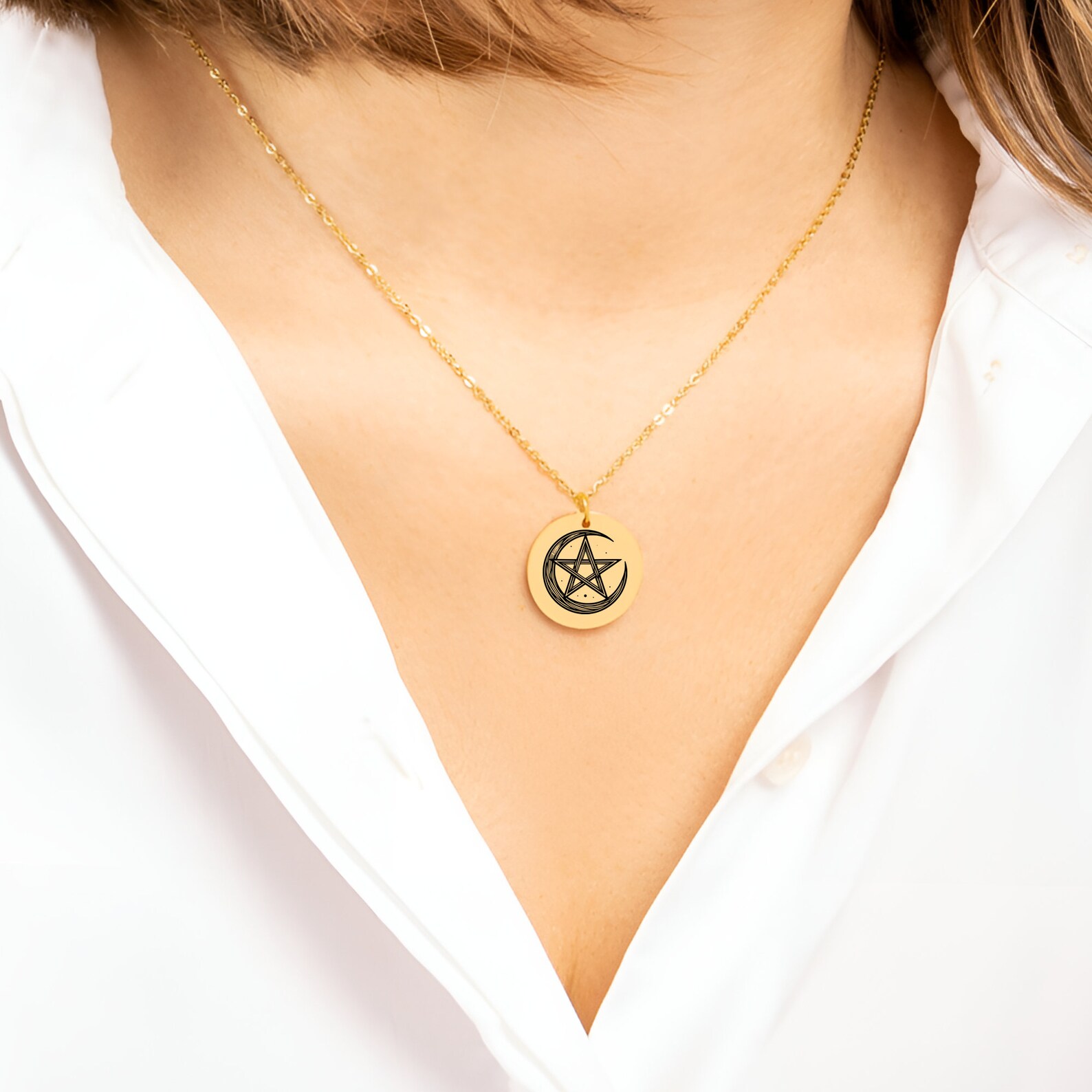 Personalized Pentagram Necklace for Women Custom Engraved Crescent Moon ...