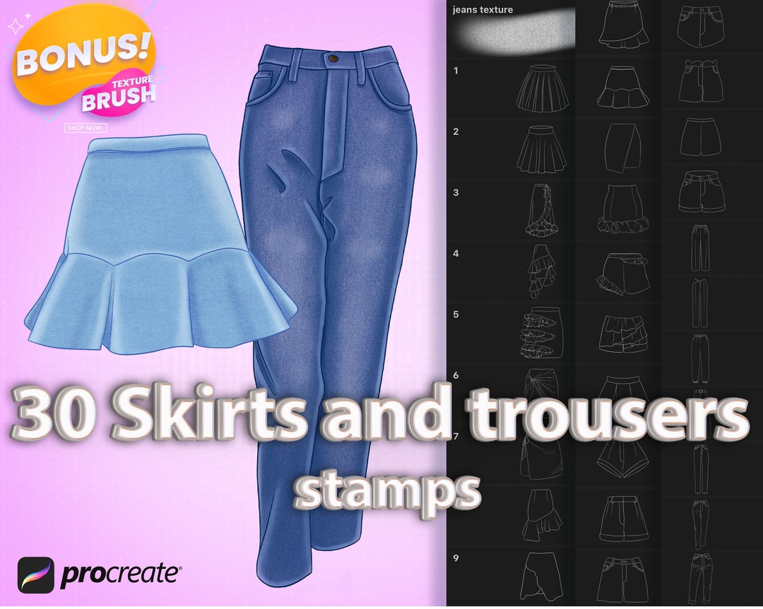 Procreate Brushes Skirts, Shorts and Trousers. Procreate Jeans Stamps ...