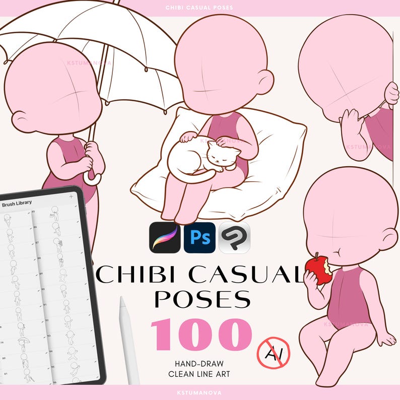 Chibi Poses Procreate Stamps, Chibi Casual Body Pose Brushes for ...